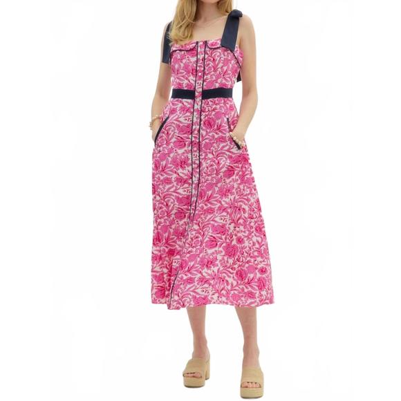 entro | Dresses | New Entro Shoulder Tie Print Midi Dress In Pink ...